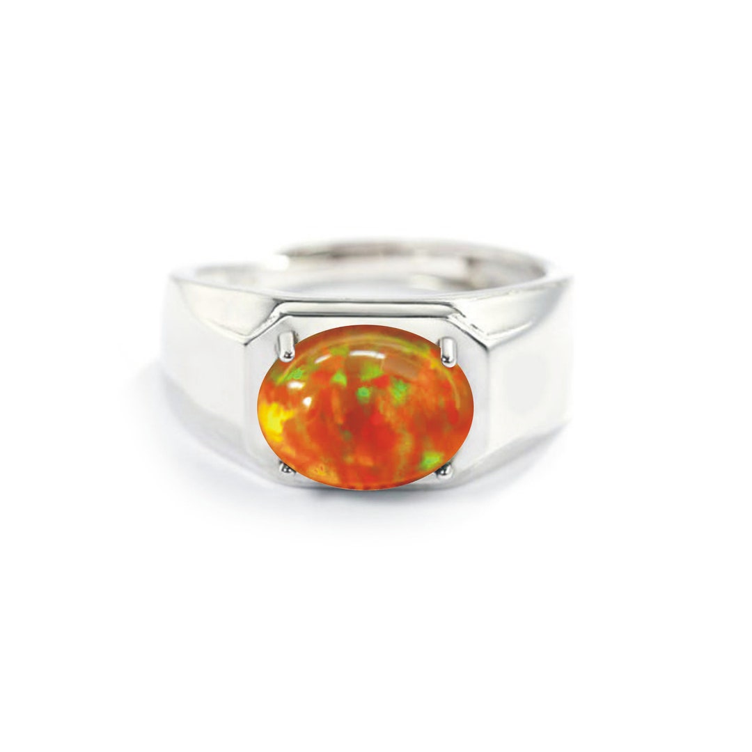 Fire Opal Men's Ring: Oval Cabochon, 925 Sterling Silver, October ...
