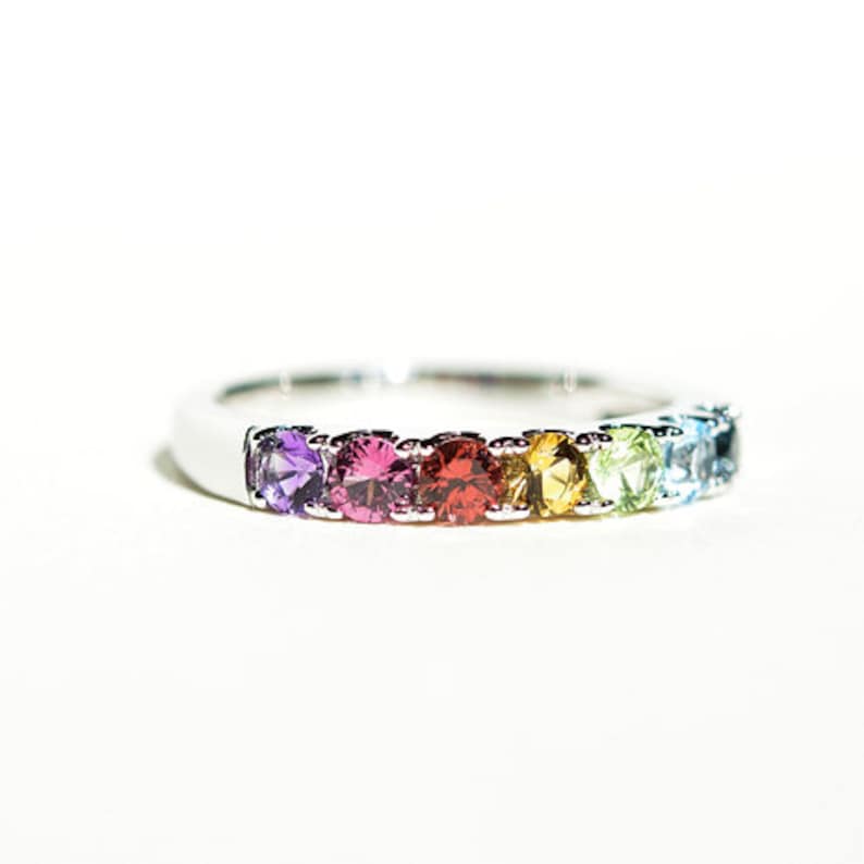 Colors of Life Band Ring 925 Silver Multi Gemstone Band Classic Rainbow ...