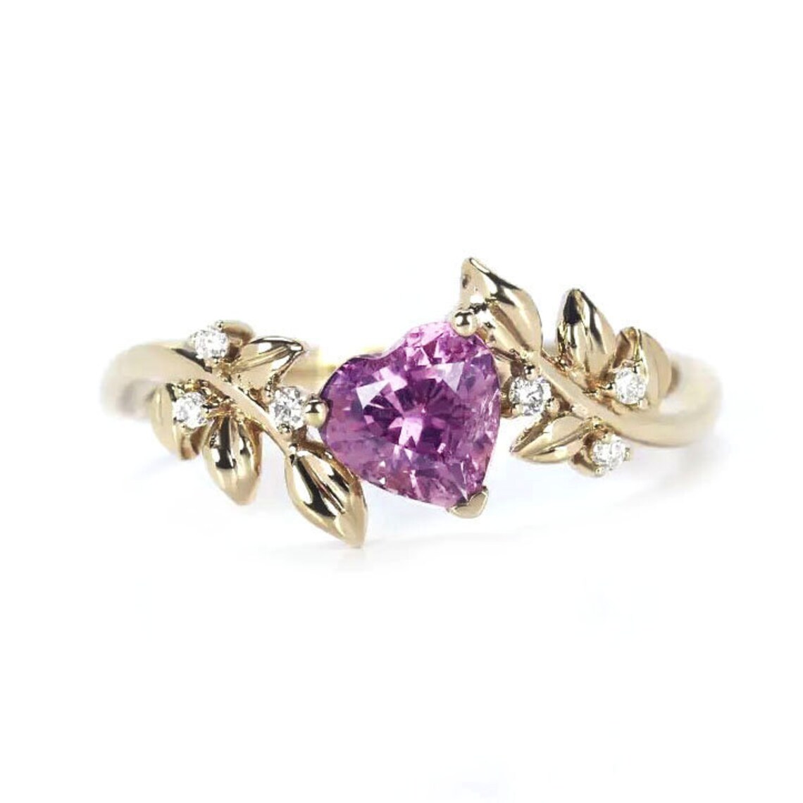 Nature Inspire Pink Tourmaline Heart Wedding Ring Pink Heart Leaf ...