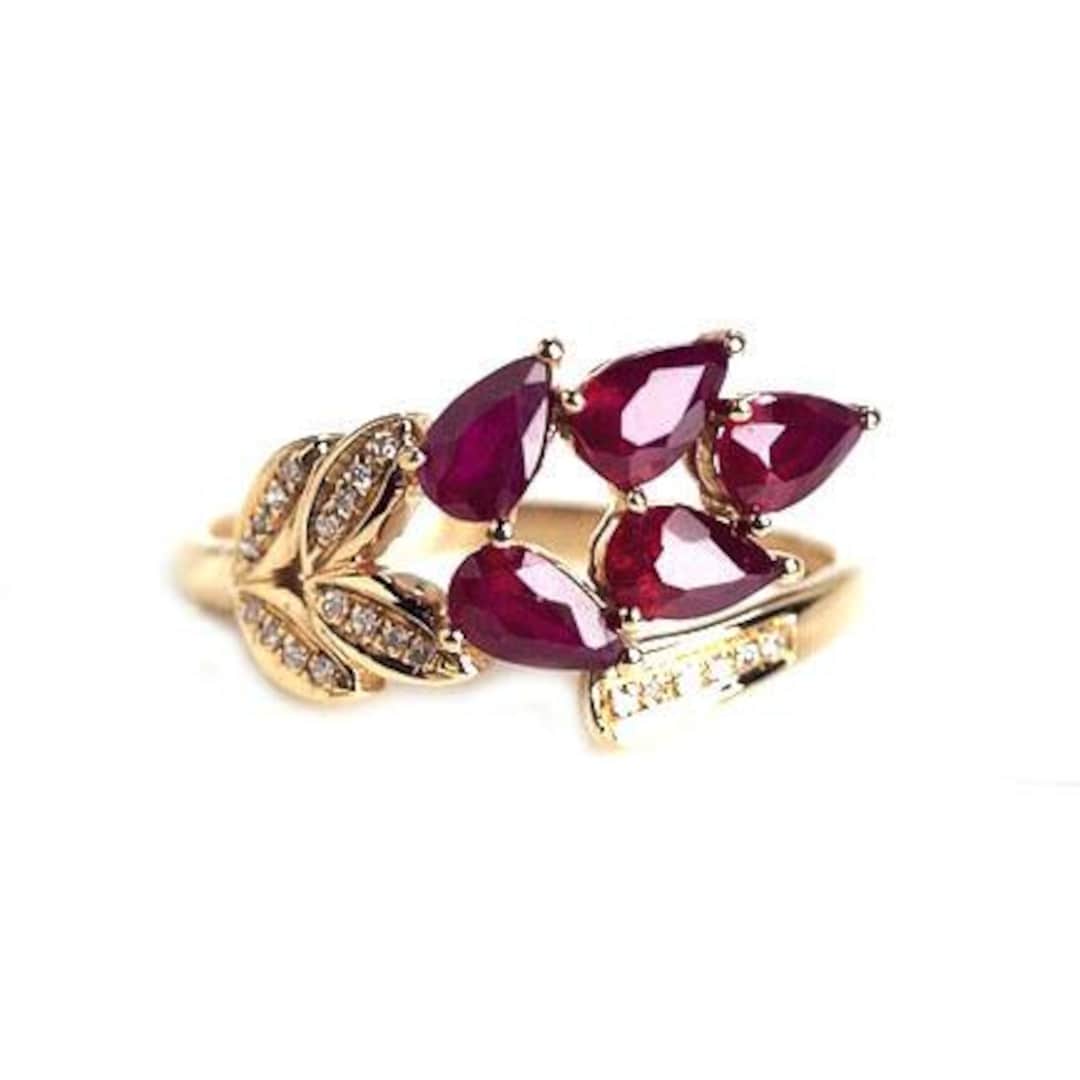 Nature Inspired Ruby, Diamond Leaf Engagement Ring 14K Ruby Pear Lead ...