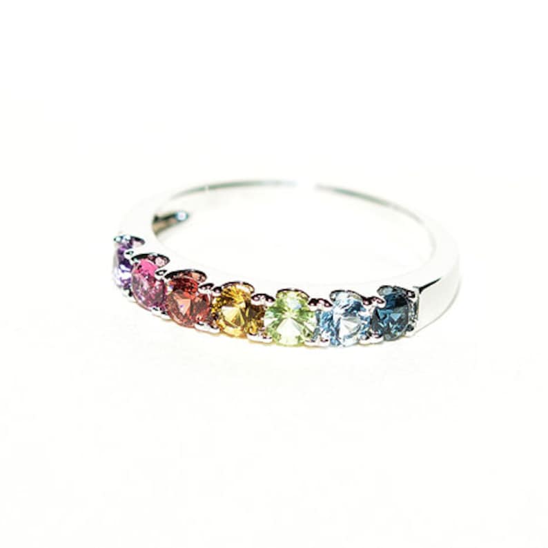 Colors of Life Band Ring 925 Silver Multi Gemstone Band Classic Rainbow ...