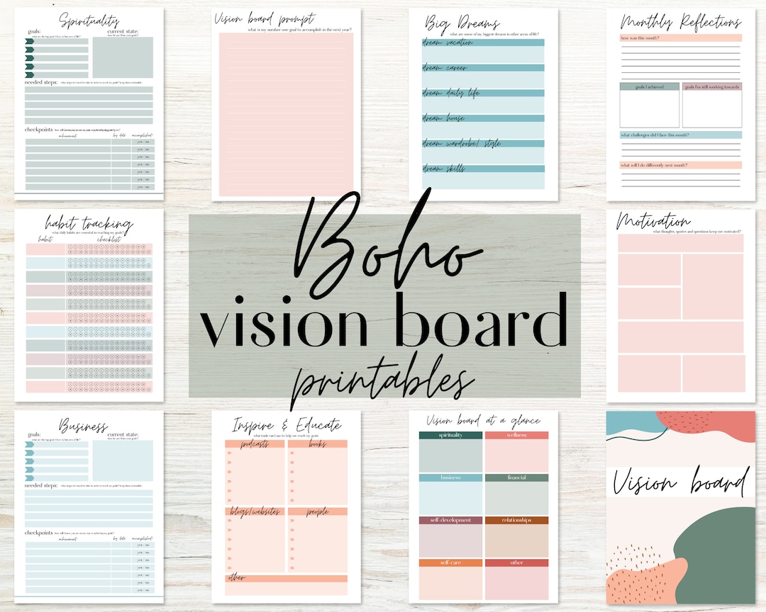 Boho Vision Board Printables for Goal Setting, Habit Tracking and ...