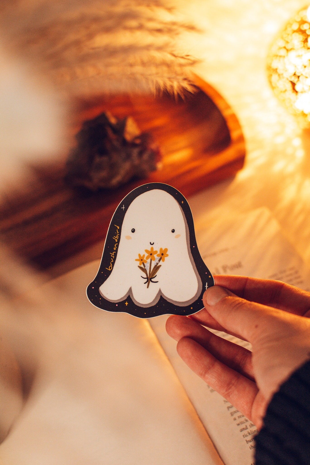 Cute Ghost Sticker Ghost Holding A Bouquet Smiling Ghost Sticker Cottagecore Ghost Art Cute