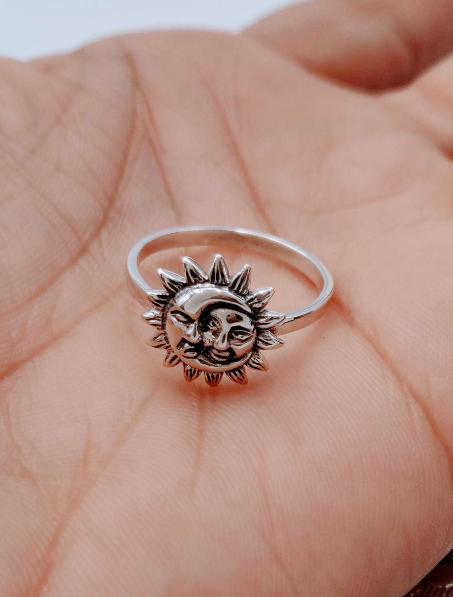 Sterling Silver Moon and Sun Face Ring Statement Ring Silver | Etsy