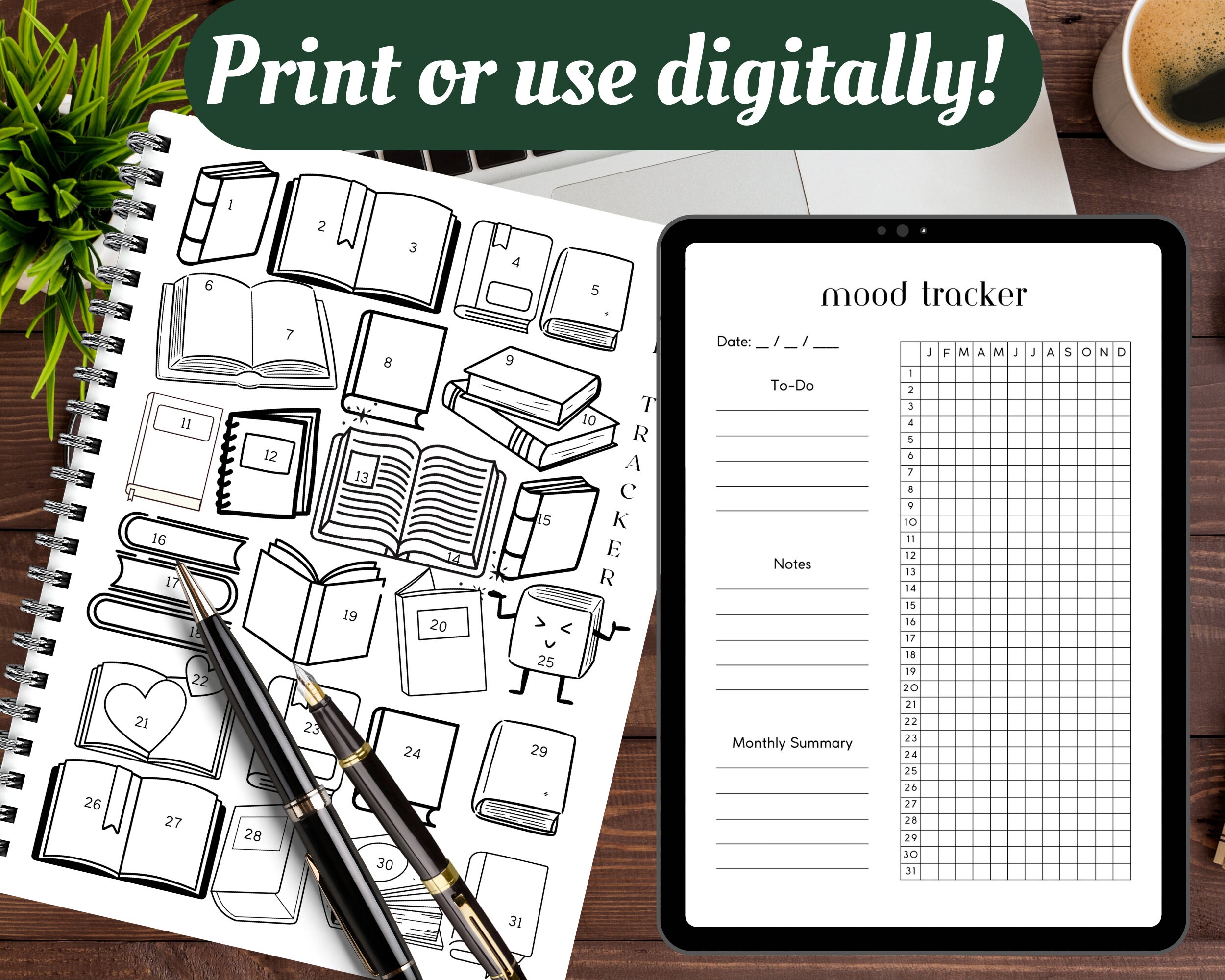 Mood Tracker Printable, Yearly Monthly Planner, Mood Chart, Bullet ...