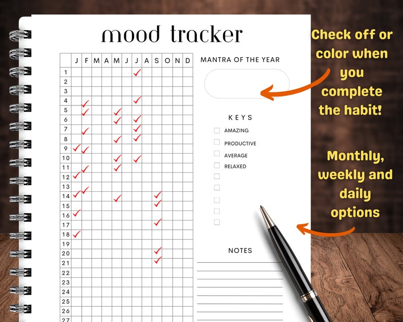 Mood Tracker Printable, Yearly Monthly Planner, Mood Chart, Bullet ...
