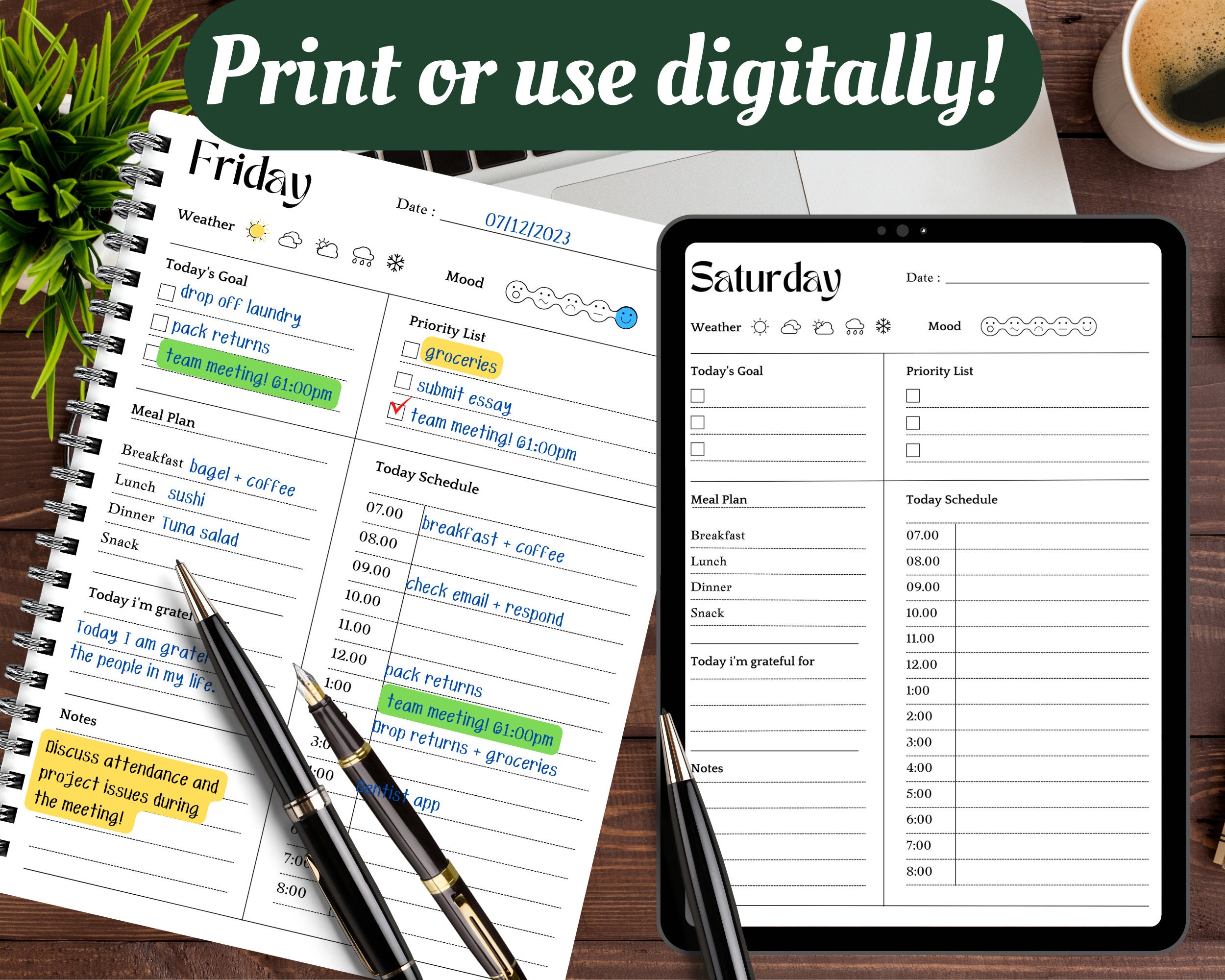 Printable 7 Day Planner Daily Planner Day Planner Work Planner Weekly ...