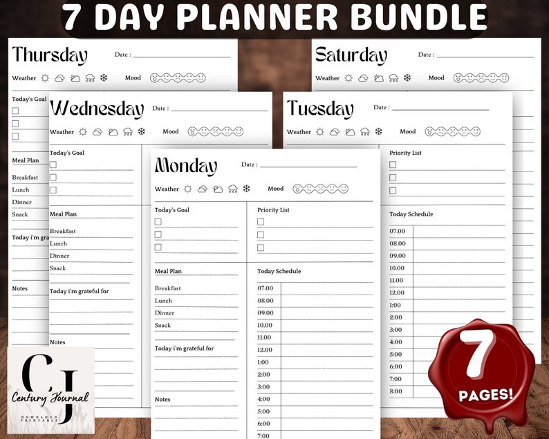 Printable 7 Day Planner Daily Planner Day Planner Work Planner Weekly ...