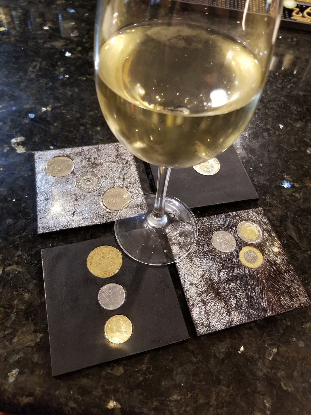 Genuine Square Leather Coasters With Foreign Coins - Set (4), Drink ...
