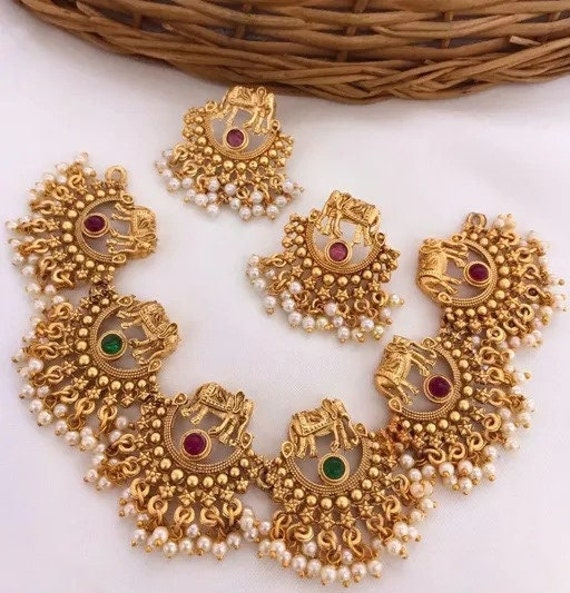 Traditional Gold Plated Artificial Stone Necklace Set With - Etsy