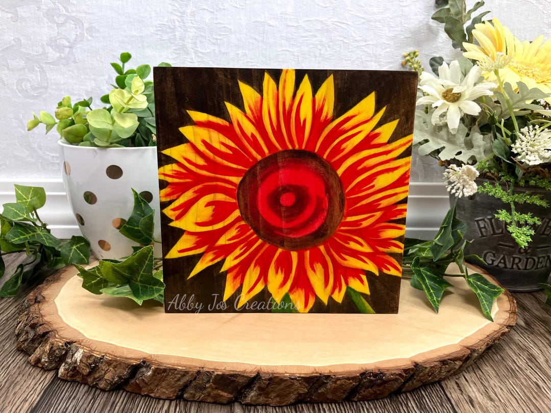 Red Sunflower Wood Wall Art, Stained Floral Decor - Etsy