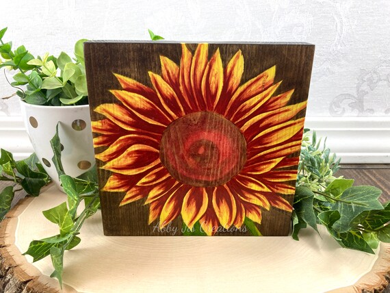 Red Sunflower Painting/wood Wall Art/yellow Sunflower Art/hand - Etsy