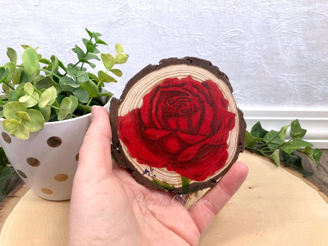 Red Rose Wood Slice Painting/rose Flower Painting on Wood/rose Wood ...