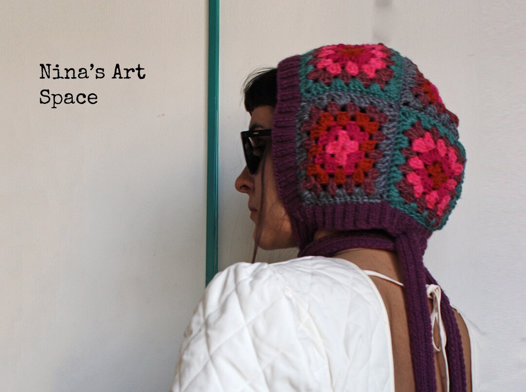 Granny Square Bonnet, Crochet Bonnet, Hand-knitted Adult Bow Tie Bonnet ...