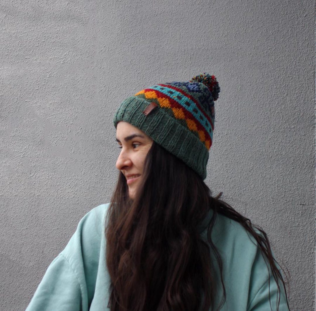 Fair Isle Green Hat, Unisex Bobble Beanie, Fair Isle Ski Hat, Warm ...
