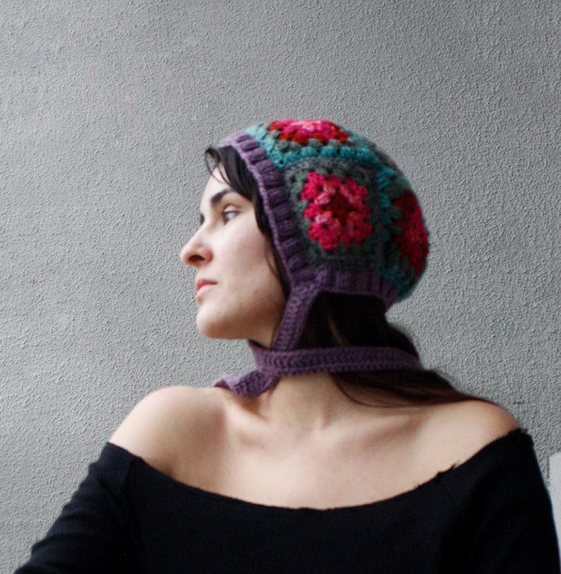 Granny Square Bonnet, Crochet Bonnet, Hand-knitted Adult Bow Tie Bonnet ...