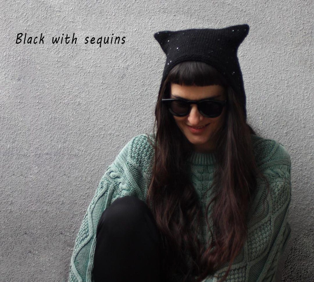 Mohair Balaclava Sequin Fuzzy Black Beanie Bonnet With Cat Ears ...