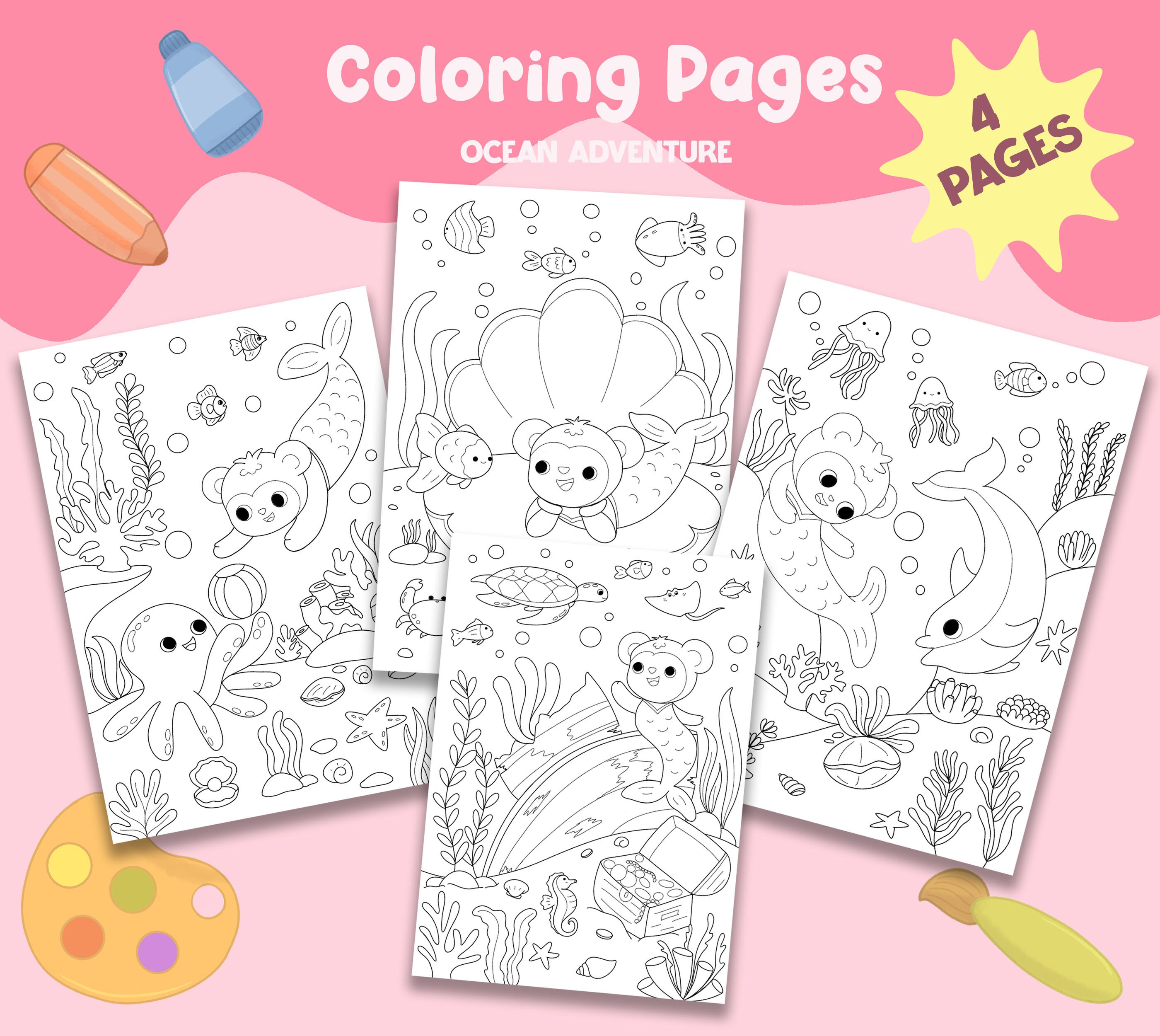 Kawaii Ocean Coloring Page: Kids Printable Illustration (PDF) - Etsy