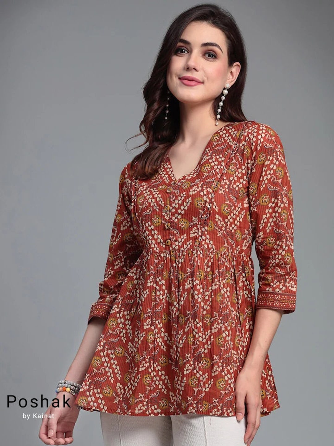 Tunics for Women Rust & Off-white Printed Cotton Empire Tunics Pure ...