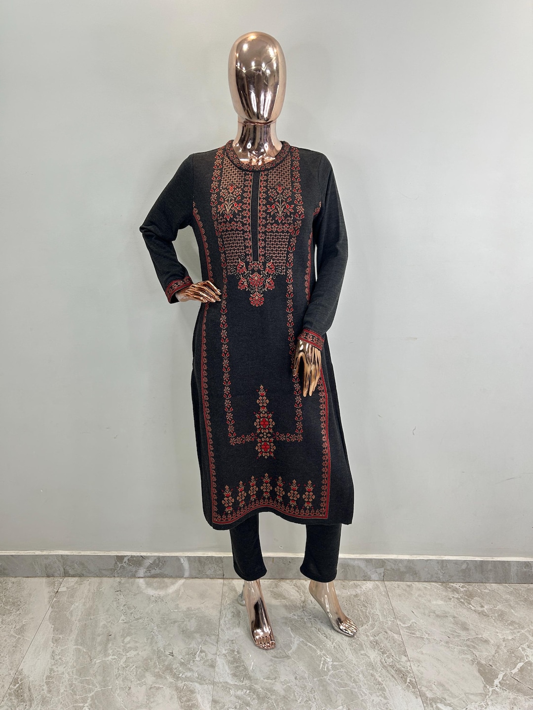 Woolen Winter Indian Dress - Black Woolen Kurta With Trousers - Indian ...