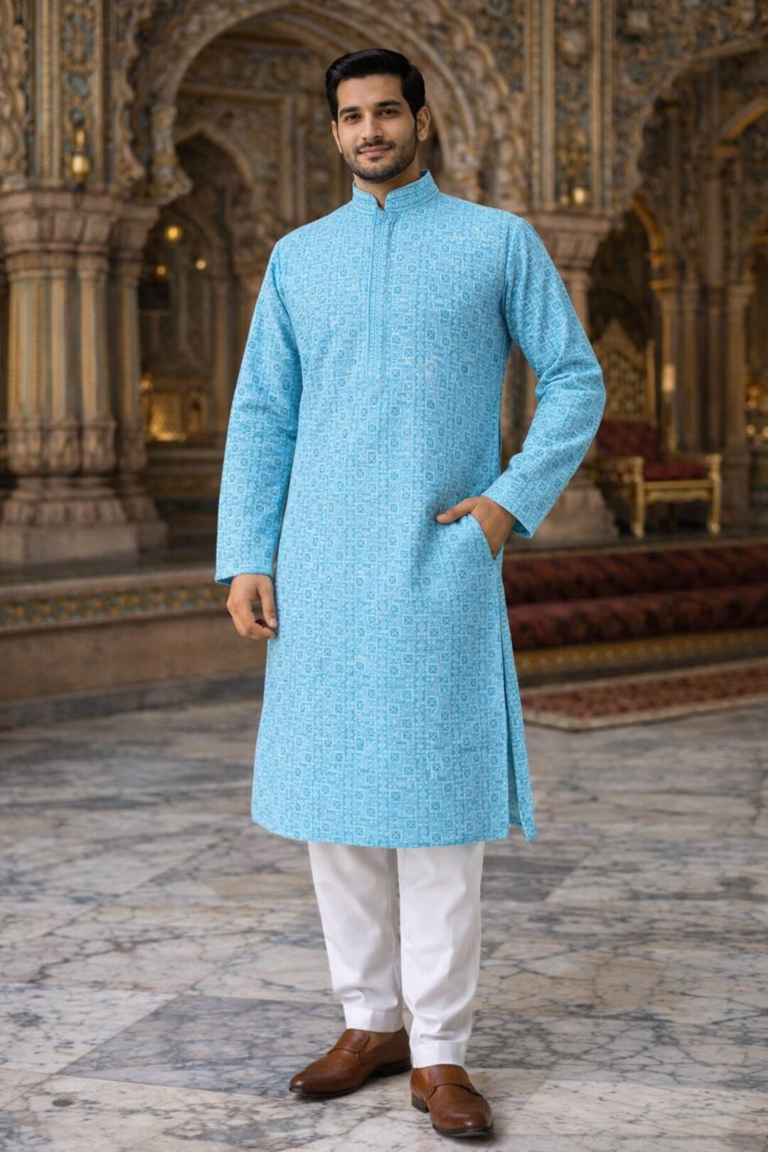 Indian Ethnic Wear for Men - Blue Pure Cotton Embroidered Kurta With ...