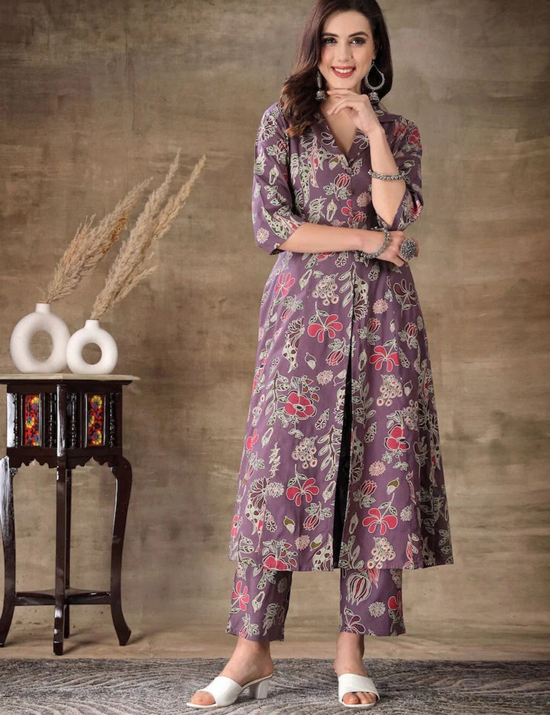 Kurta Sets A-line Kurta With Palazzos Purple Printed Front Slit Kurta ...