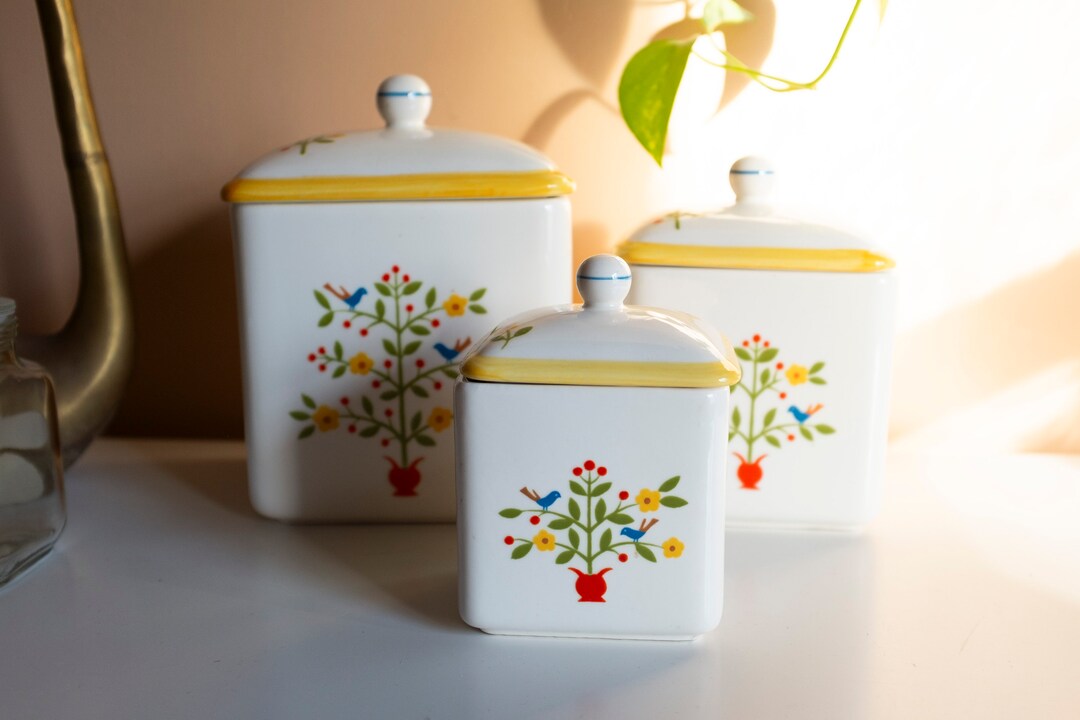 Retro Floral Kitchen Canister Set With Tree and Birds Made in Japan - Etsy