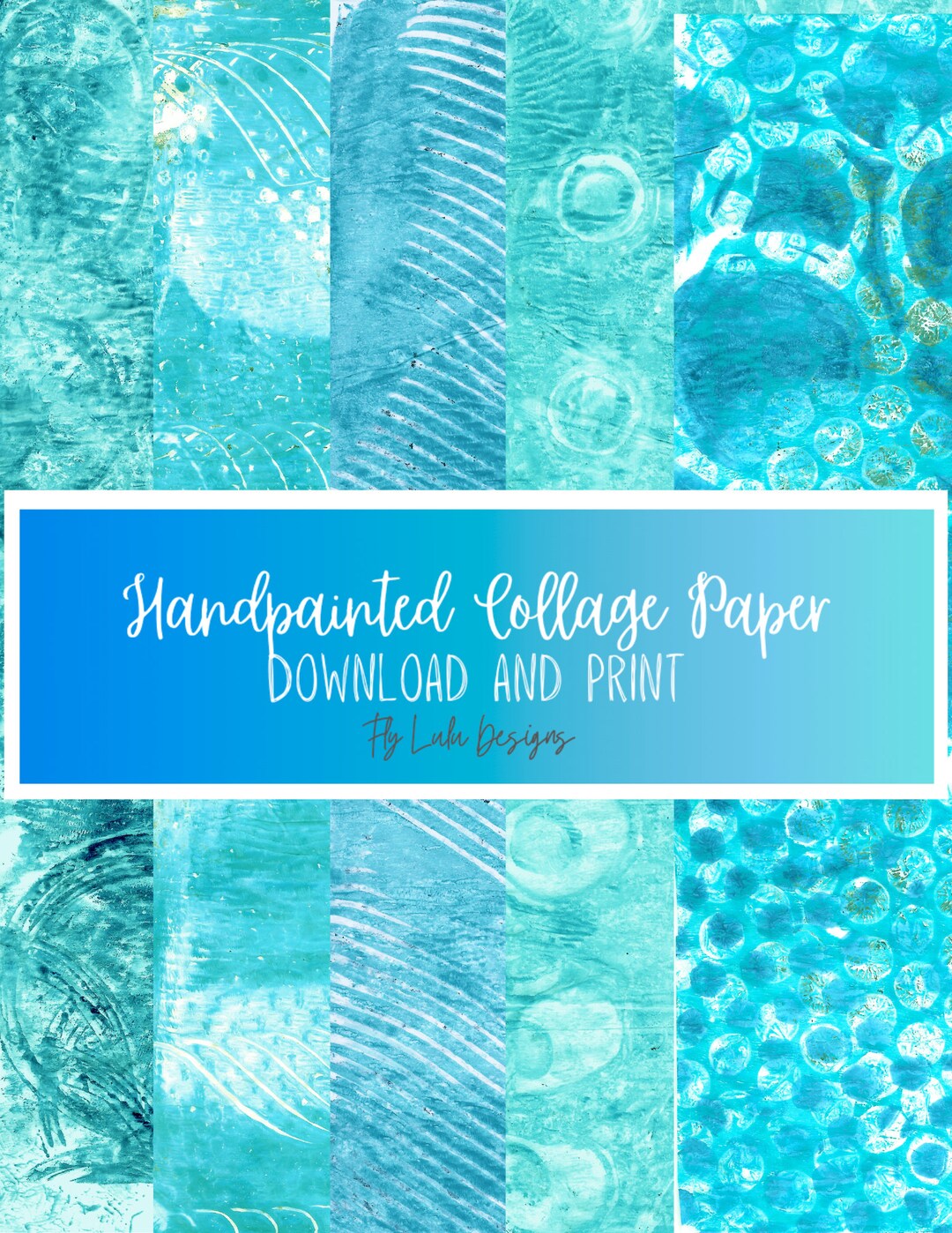 Hand Painted, Teal Blue Collage Paper, Set of 5 Collage Paper ...