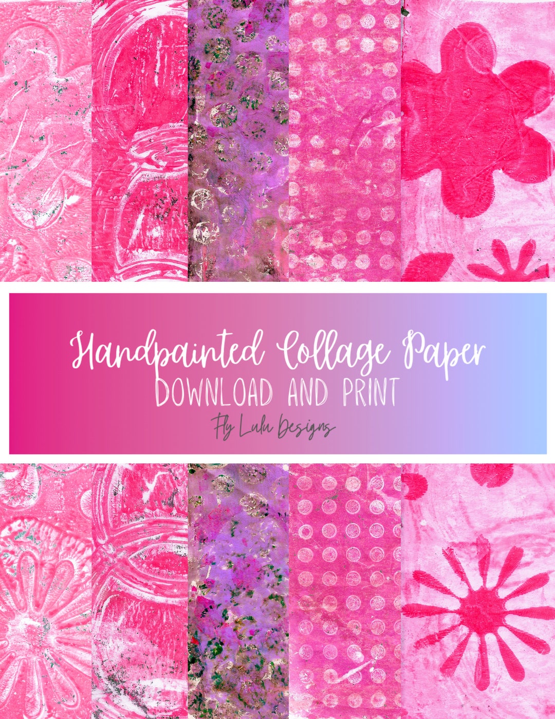 Hand Painted, Fuchsia Pink Collage Paper, Set of 5 Fuchsia Pink Collage ...