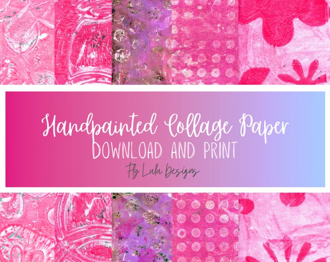 Hand Painted, Fuchsia Pink Collage Paper, Set of 5 Fuchsia Pink Collage ...