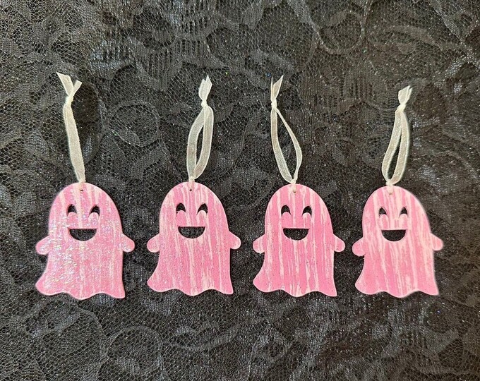 Pink Ghost Ornaments, Set of 4 Handmade Mini Wood Ghost Ornaments ...