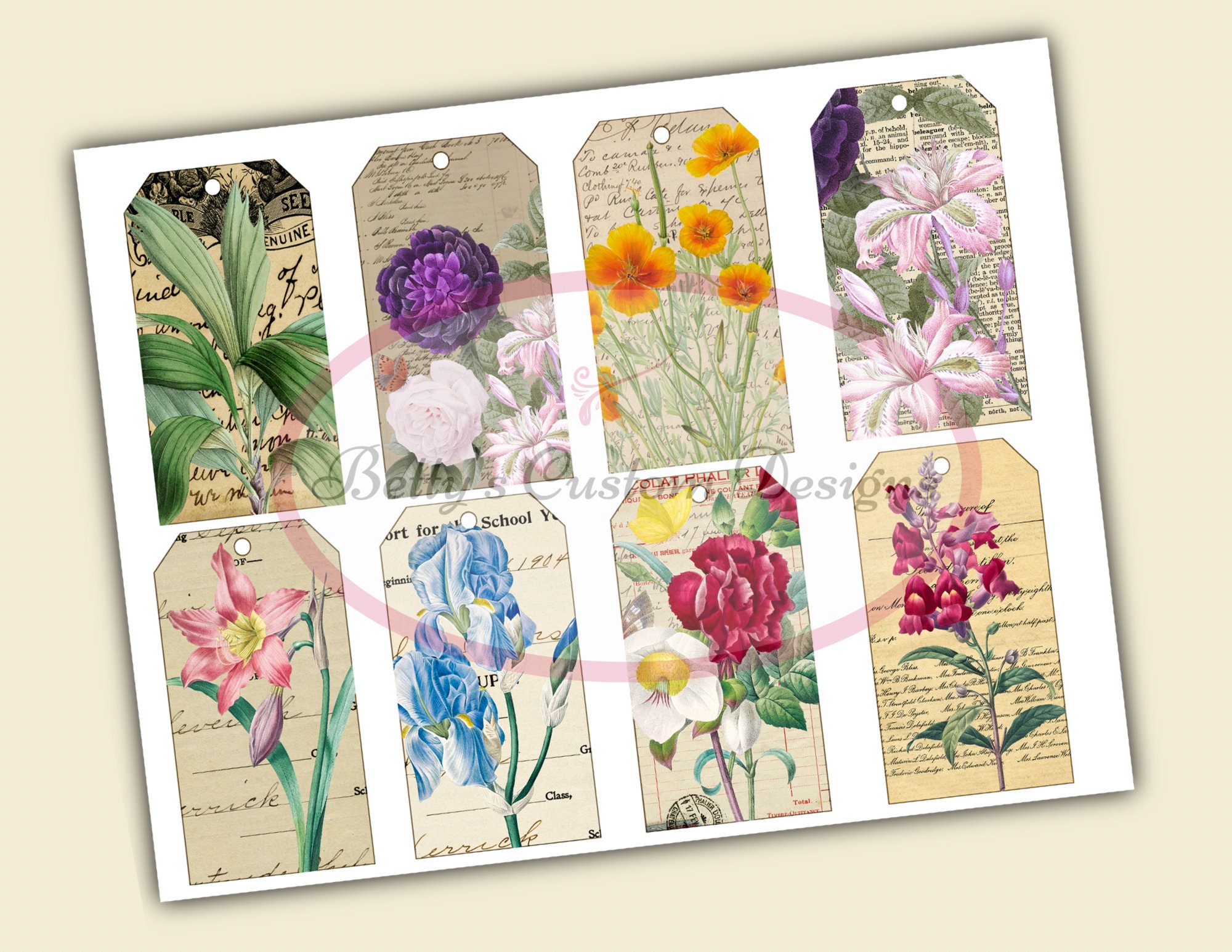 Floral Tags Printable Journal Cards Digital Vintage - Etsy
