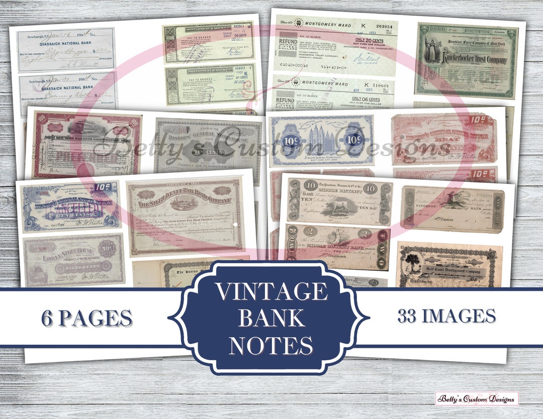 Vintage Bank Notes Vintage Checks Cheque Printable Journal Cards ...