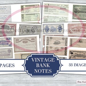 Vintage Bank Notes Vintage Checks Cheque Printable Journal Cards ...