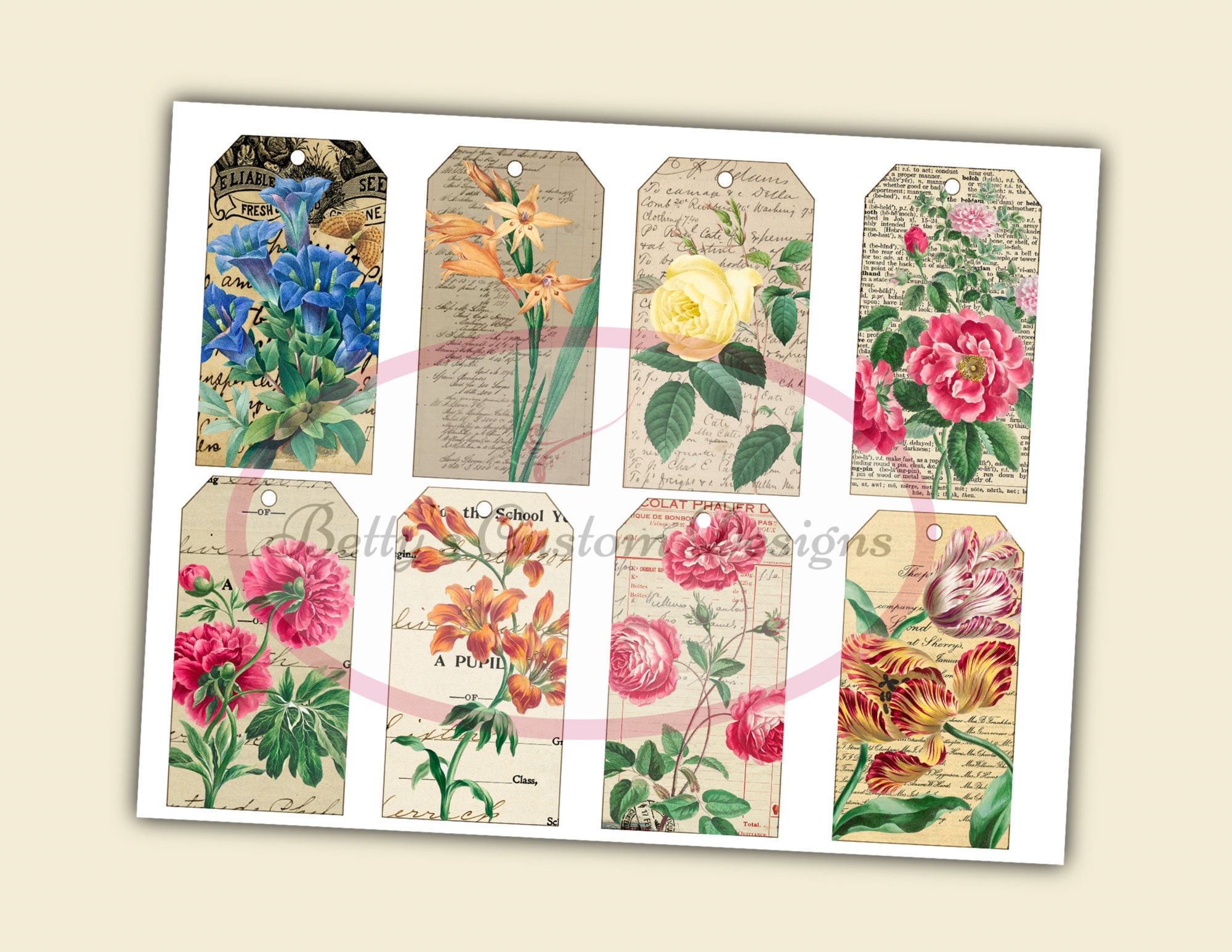 Floral Tags Printable Journal Cards Digital Vintage - Etsy