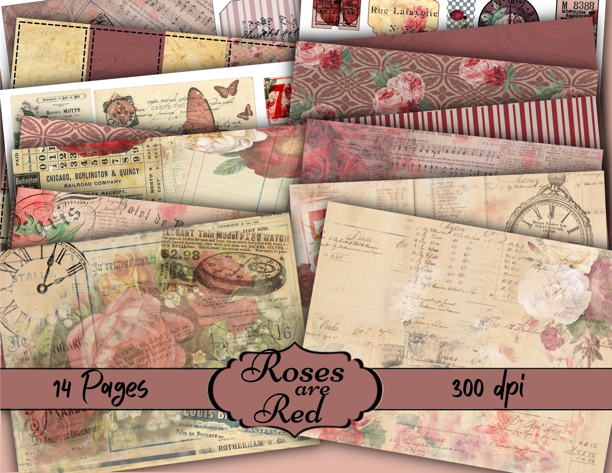 Roses are Red Junk Journal Kit Digital Paper Prints | Etsy