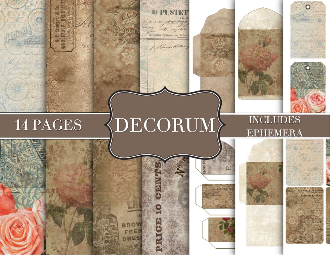 Decorum Junk Journal Kit - Digital Paper Prints - Scrapbook - Vintage ...