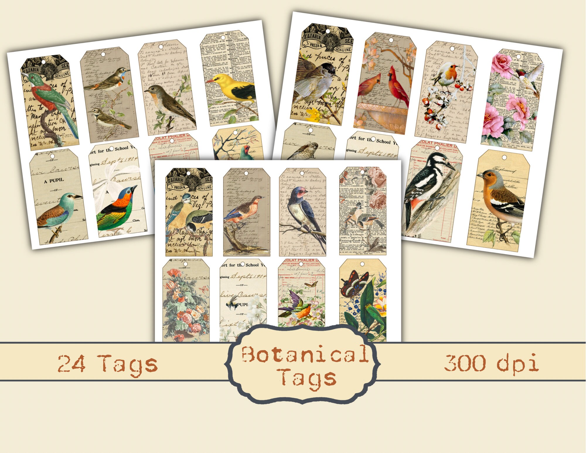 Botanical Tags Printable Journal Cards Digital Vintage - Etsy