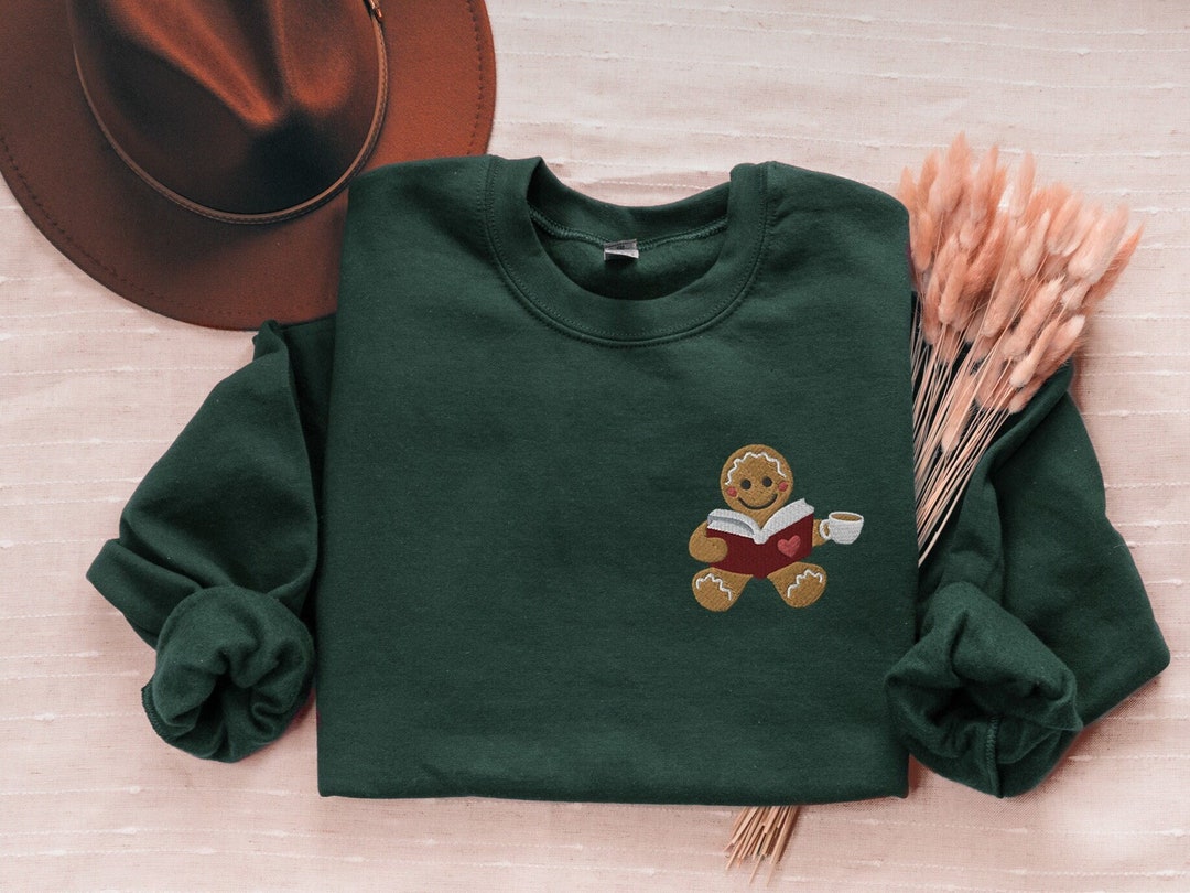 EMBROIDERED Gingerbread Man Reading Book With Coffee Sweatshirt ...