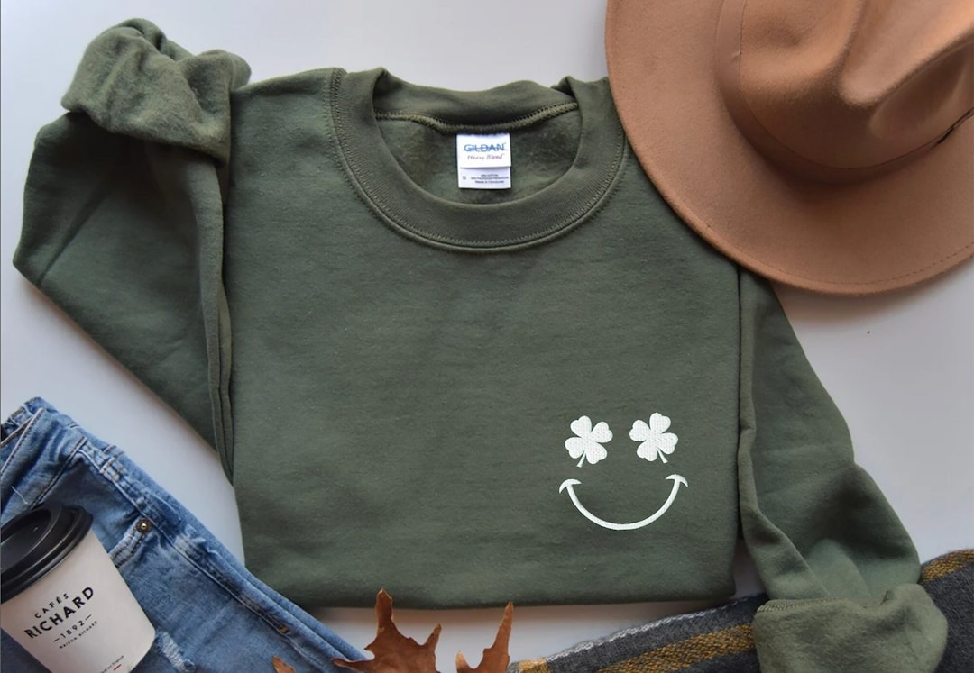 EMBROIDERED St Patricks Day Smiley Shamrock Sweatshirt, St Patrick Day ...