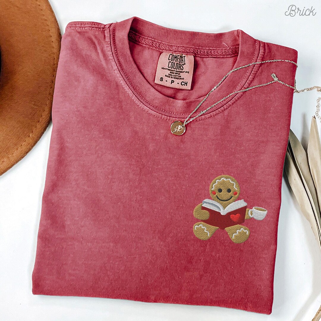 EMBROIDERED Gingerbread Man Reading Book With Coffee Shirt, Book Lover ...