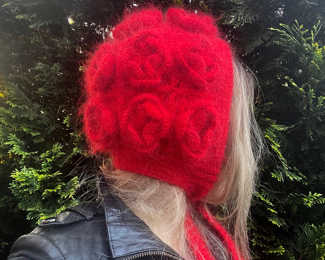 Mohair Bonnet Hat Hand Knit Red Bonnet Adult - Etsy