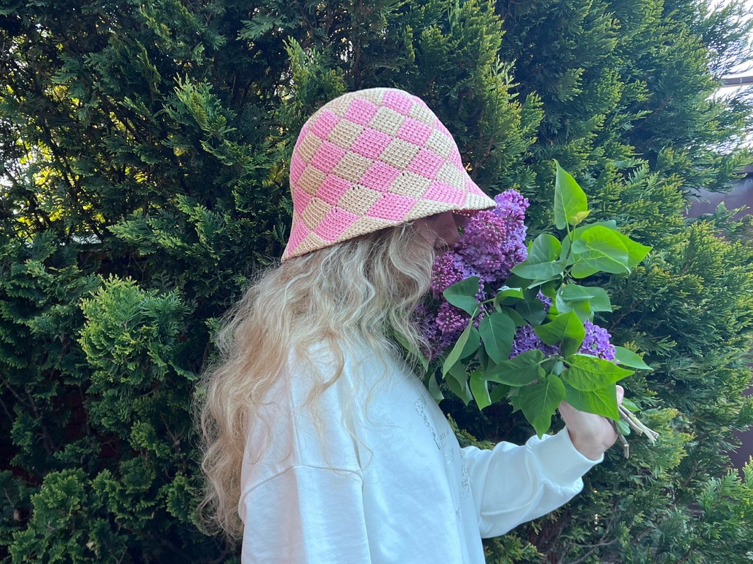 Pink Raffia Bucket Hat - Checkered Hat -organic Straw Hat - Etsy