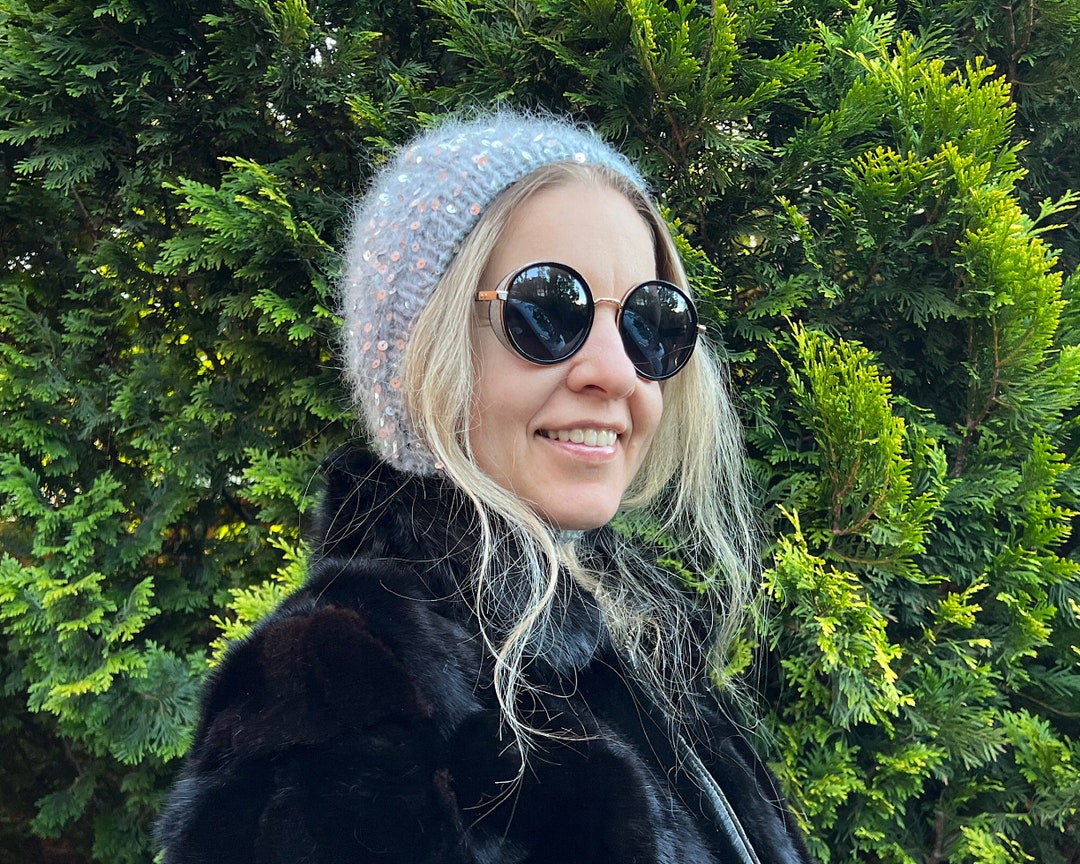 Grey Aviator Hat Christmas Bonnet Hat With Sequins Mohair Winter Bonnet ...
