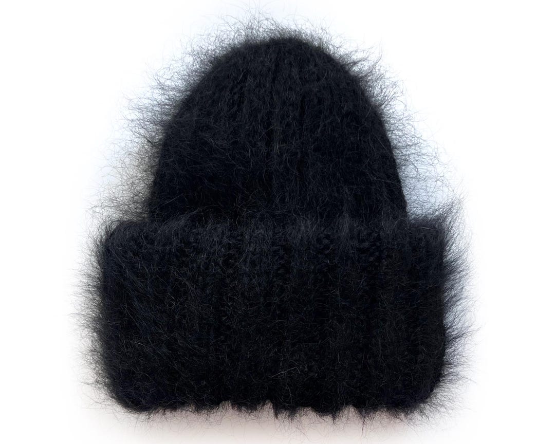 Chunky Knit Mohair Beanie Hat in Black - Etsy