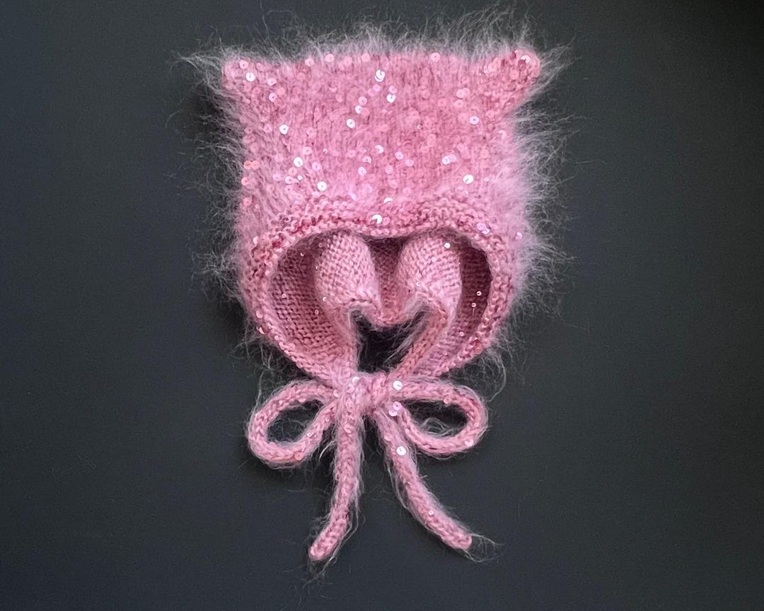 Cat Bonnet With Sequins - Mohair Cat Hat in POWDER SEQUINS - Etsy