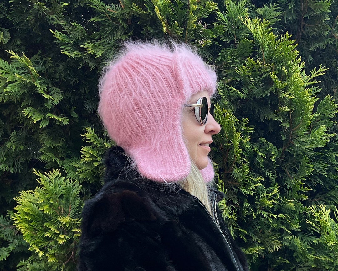 Winter Mohair Hat With Ear Flaps Hand Knit Pink Women Hat Cozy Mohair ...