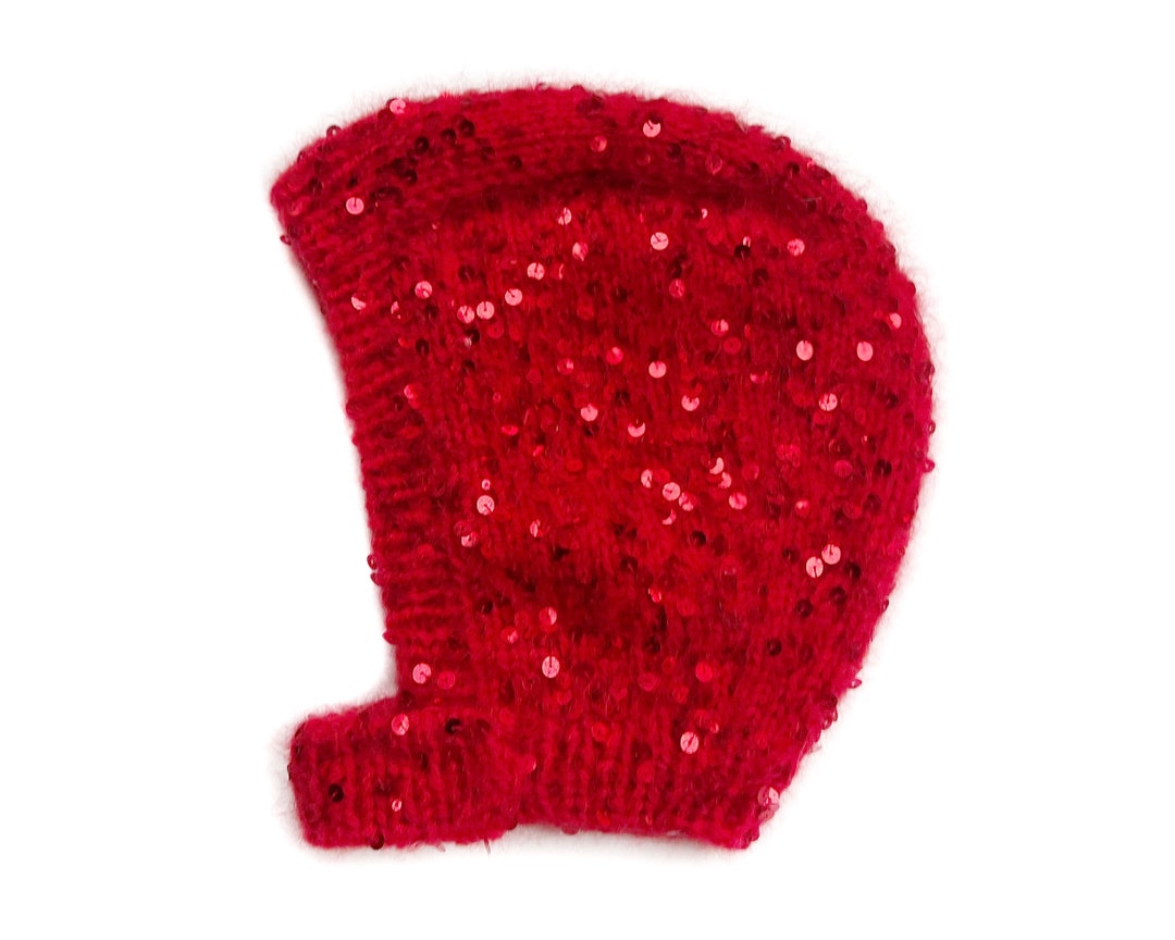 Red Mohair Balaclava Women Winter Bonnet Hand Knit Hood With Sequins ...