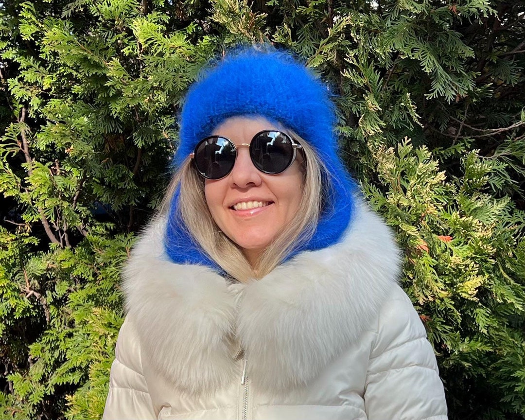 Blue Mohair Hat With Ear Flaps Chunky Knit Mohair Beanie - Etsy