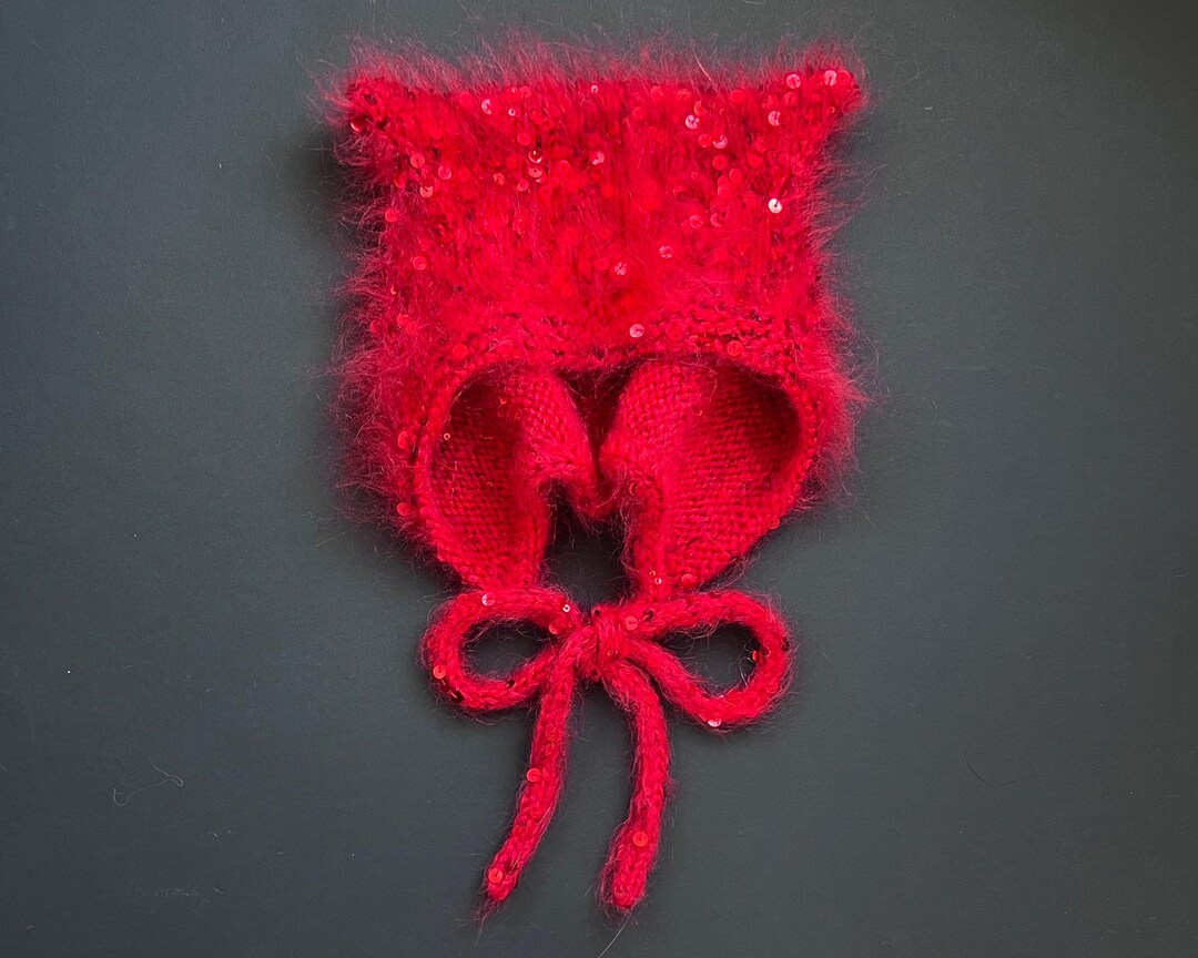 Red Cat Bonnet With Sequins - Mohair Cat Ear Hat for Women - Etsy